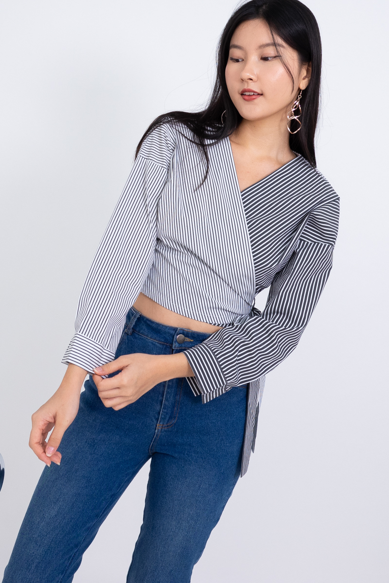 Preston Stripes Block Wrap Top in Black | 3INUTE