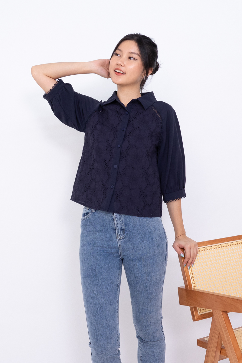 Wenno Eyelet Lattice Button Down Blouse in Navy | 3INUTE