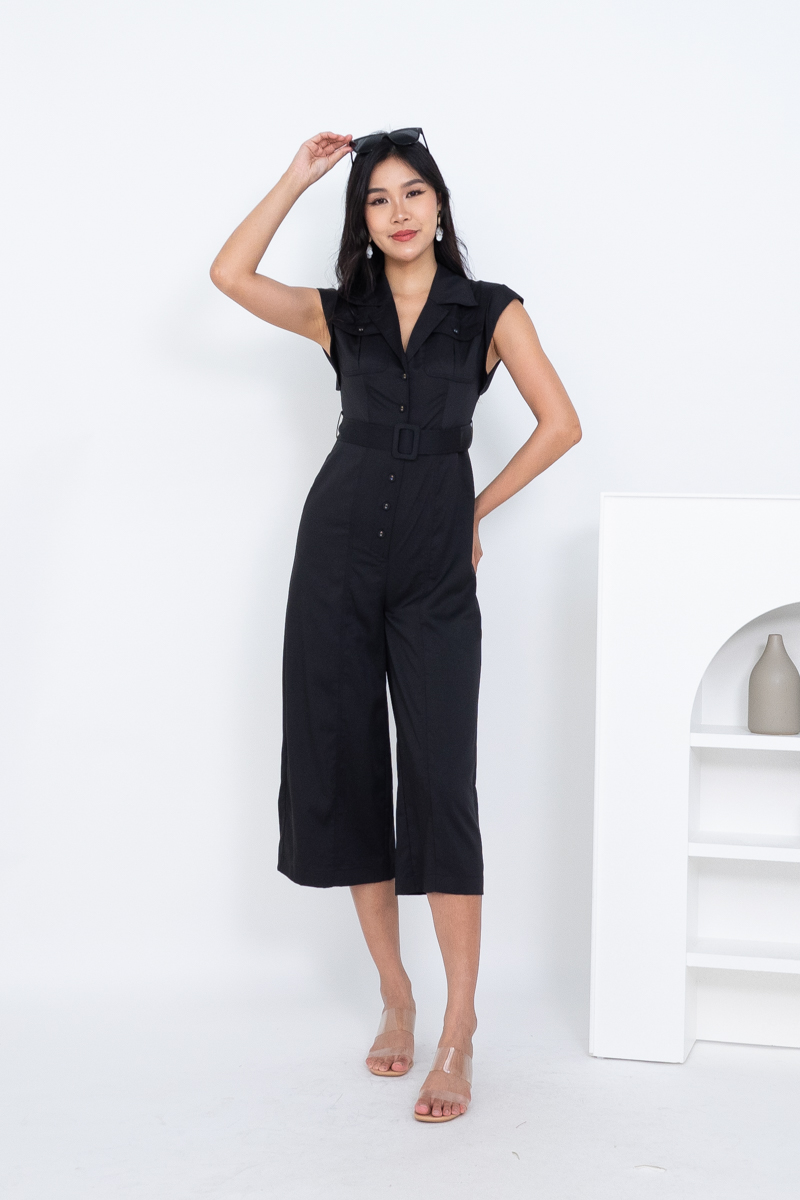 Delwyn Utility Buttons Down Jumpsuit in Black | 3INUTE