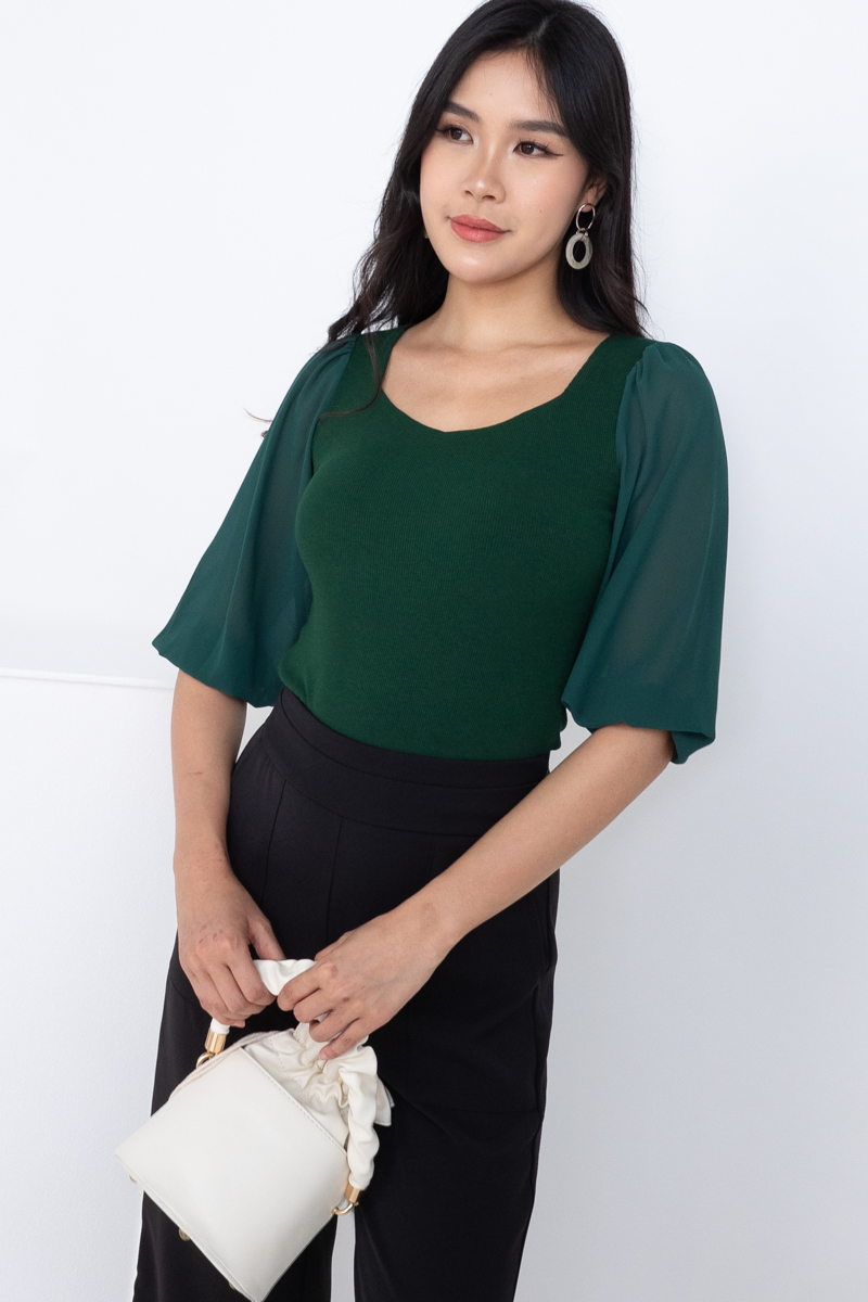 Khloe Padded Diamond Cut Basic Ribbed Top (Ver. 2) in Forest | 3INUTE