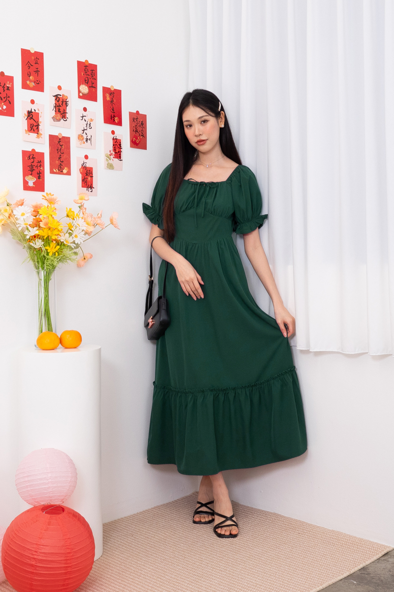 Madeline Puffy Sleeves Ruched Tie Frill Maxi Dress in Forest | 3INUTE