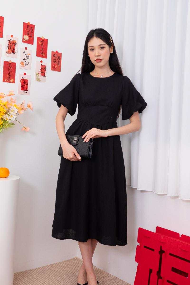 Shanton Tweed Puffy Sleeves Waistband Midi Dress in Black | 3INUTE